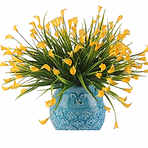 Cusmyre 3Pack Artificial Flower Calla Leaf Plastic Fake Lily Flower Aquatic Plants Faux Plants Bushes for Home Garden Wedding Decor (Yellow)