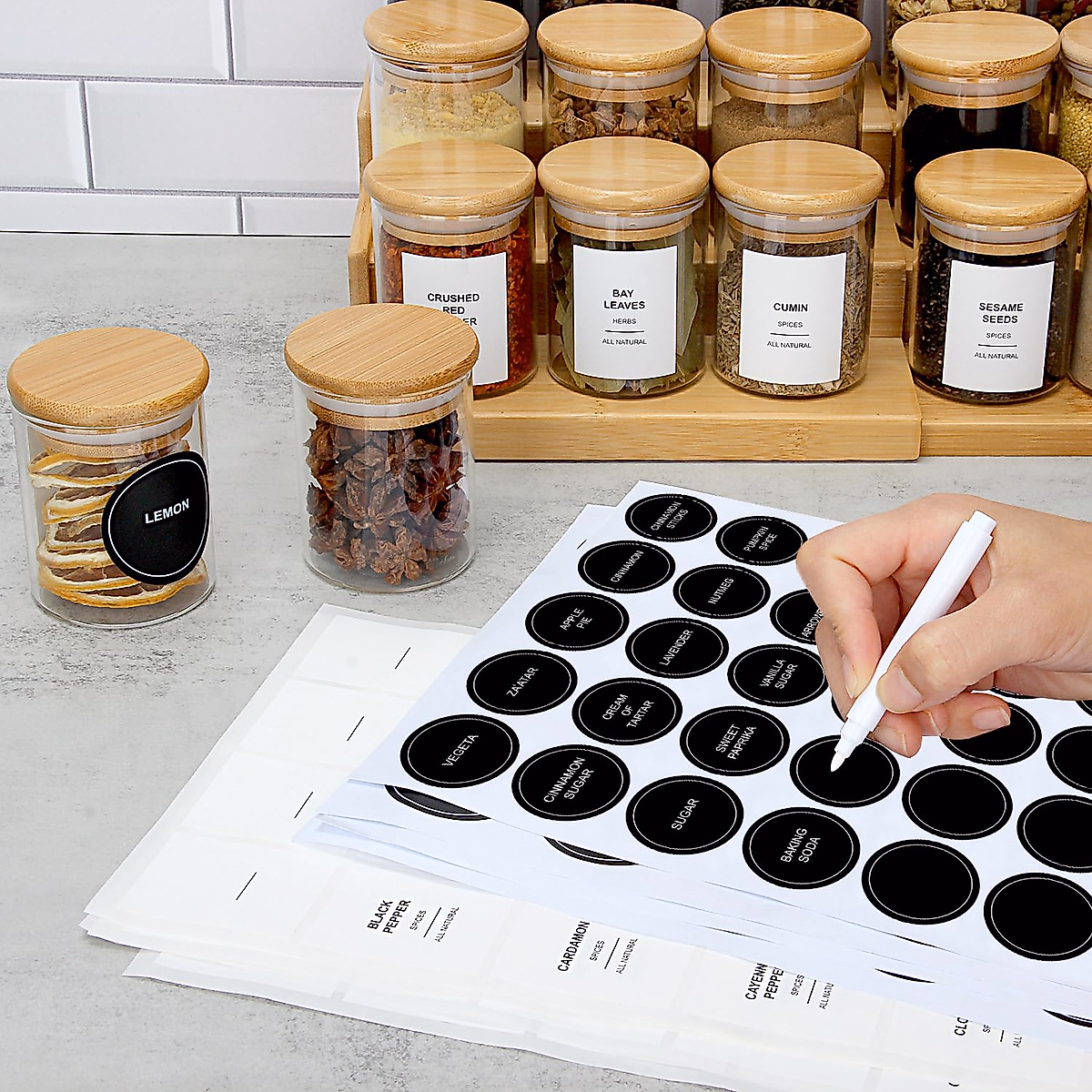 JuneHeart 4OZ Glass Spice Jars Set with Bamboo Lids and 194 Labels, 20 Pcs Clear Food Storage Containers for Pantry Kitchen Sugar Salt Coffee Tea Beans