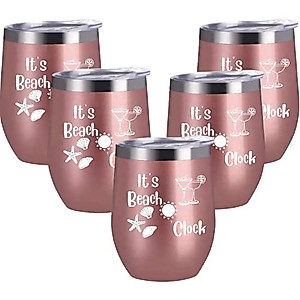 It's Beach O 'Clock, Lovely Shape Rose Gold With white Print, Insulated Wine Tumbler with Lid Double Wall Stainless Steeel, Coffee Mug, Beach Accesories, Cocktail, Beer, Office (Rose Gold)