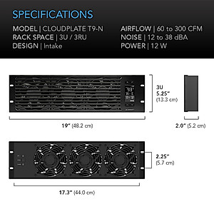 AC Infinity CLOUDPLATE T9-N, Rack Mount Fan Panel 3U, Intake Airflow, for Cooling AV, Home Theater, Network 19” Racks