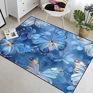 Butterfly Rug - Blue Butterfly Rugs for Girls Bedroom Living Room Kids Room Decor Modern Dreamy Butterfly Theme Carpets Floor Polyester Yoga Mat, 2'5''×4'