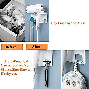 AKLVBL Hair Dryer Stand Holder Wall Mounted, New Upgrade Punching Or Nails-Free Glue Two Ways Blow Dryer Holder Rack Organizer for Dyson Supersonic Hair Dryer(White+Blue)