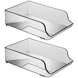 mDesign Wide Plastic Kitchen Water Bottle Storage Organizer Tray Rack - Holder and Dispenser for Refrigerators, Freezers, Cabinets, Pantry, Garage - 2 Pack - Smoke Gray