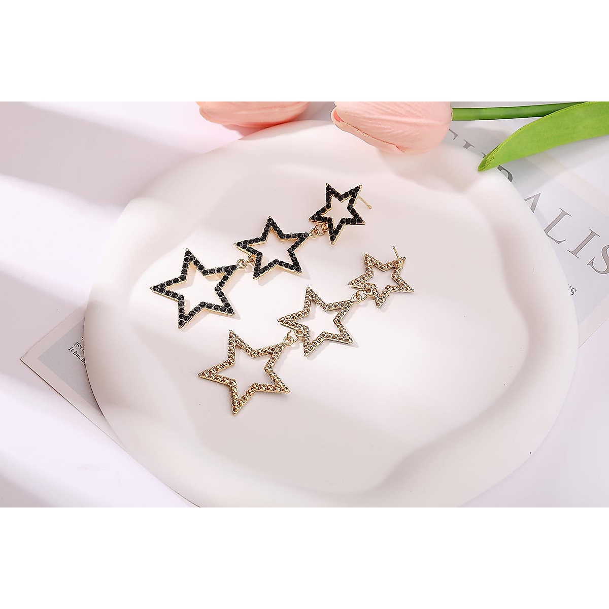 Tumhun Gold And Black Star Dangle Earrings Black Rhinestone Star Earrings Onxy Star Drop Earrings For Women Gift Birthday Valentine's Day Mother's Day (Black)