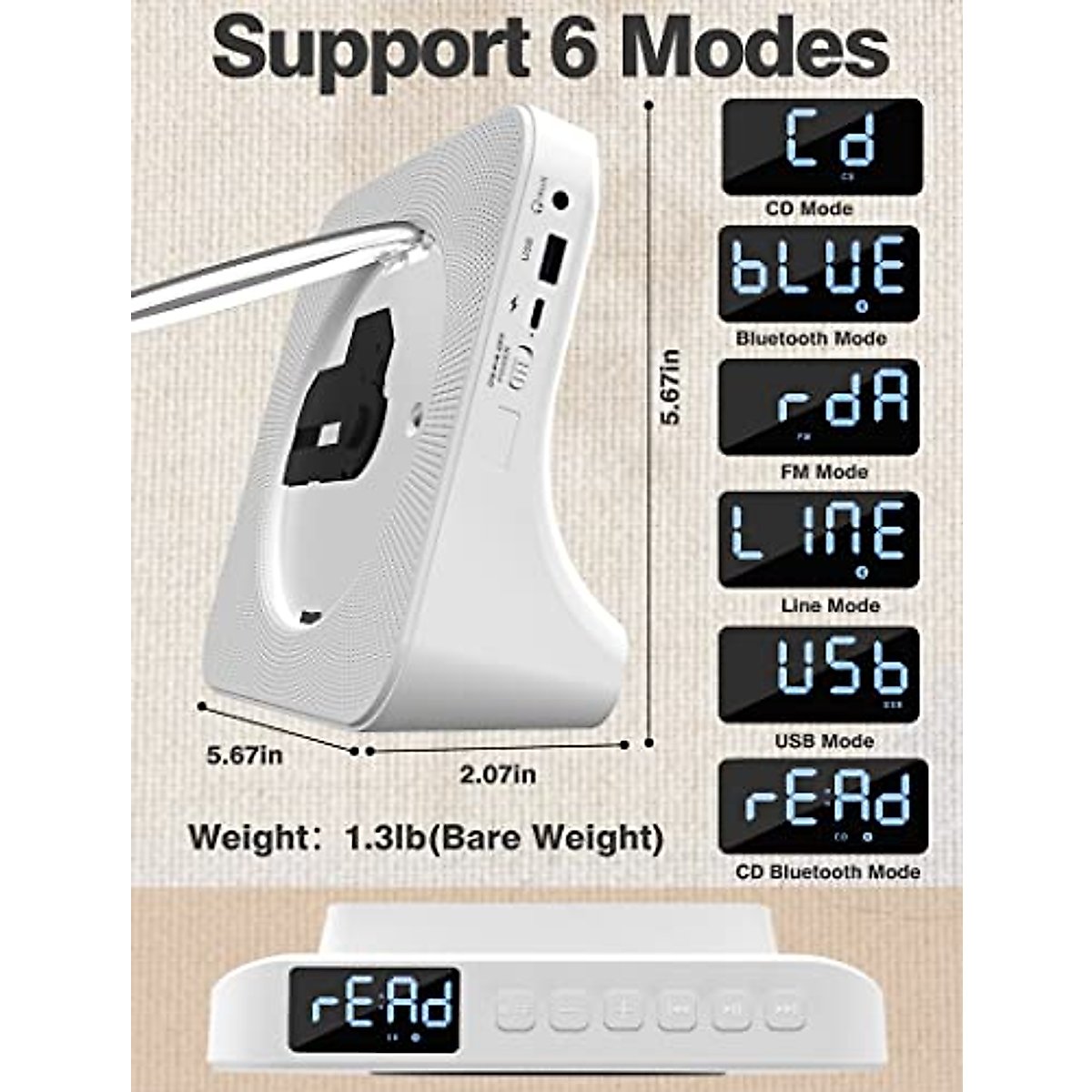 Portable CD Player with Bluetooth: 4000mAh Rechargeable Kpop Music Player with HiFi Speaker,Remote Control,LCD Display,Sleep Timer,Headphone Jack, Supports CD/Bluetooth/FM Radio/U-Disk/AUX