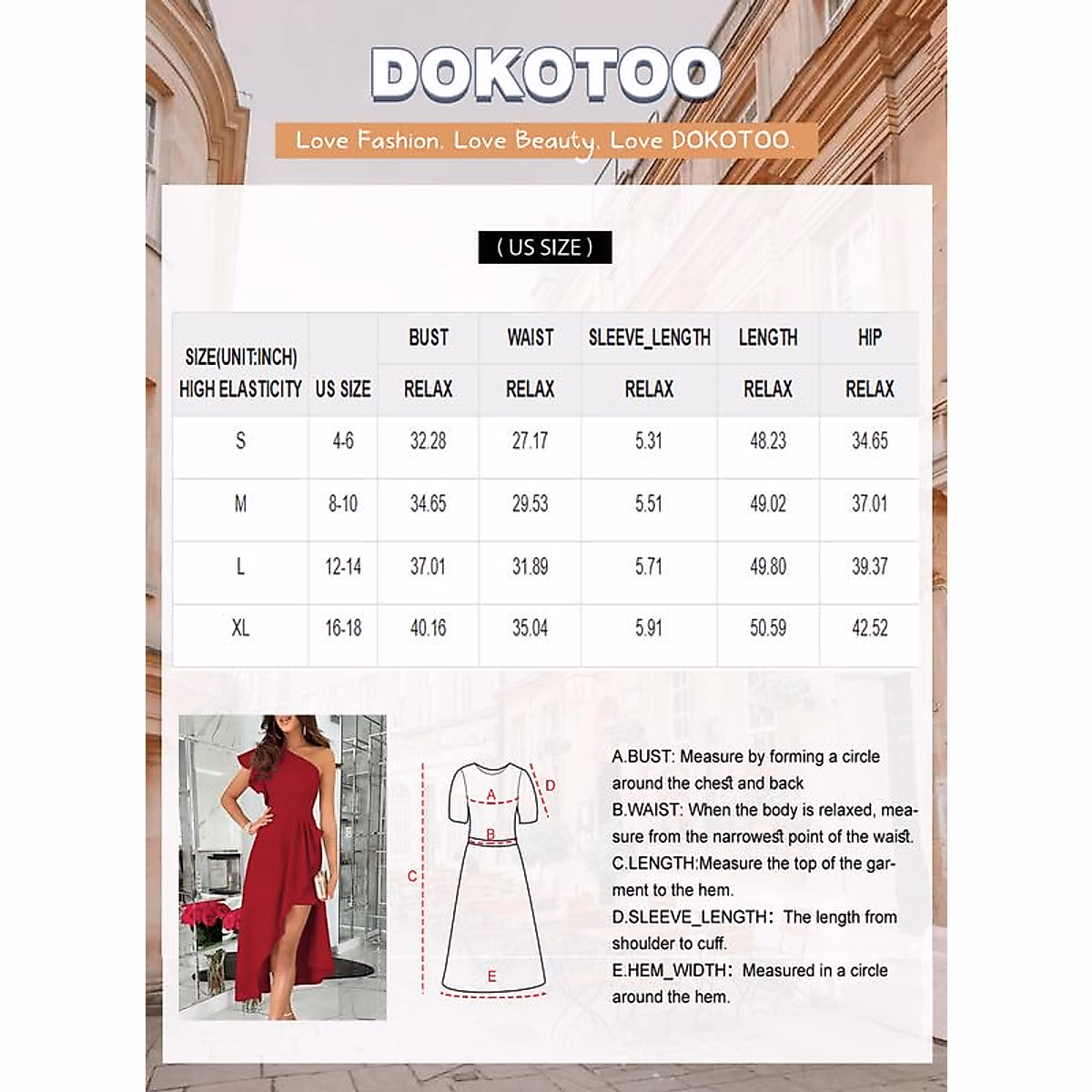 Dokotoo One Shoulder Dresses for Women Elegant Ruffle Empire Waist Asymmetrical Hi-Lo Hem Solid Zipper Up Bodycon Party Wedding Guest Midi Semi Formal Dresses Red X-Large