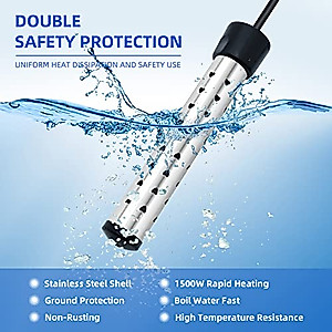 Immersion Water Heater, 1500W Portable Water Heater with LCD Thermometer & Stainless-Steel Guard, Heat 5 Gallons of Water in Minutes Bucket Heater Hot Tub Heater for Home Travel Camping Mini Pool