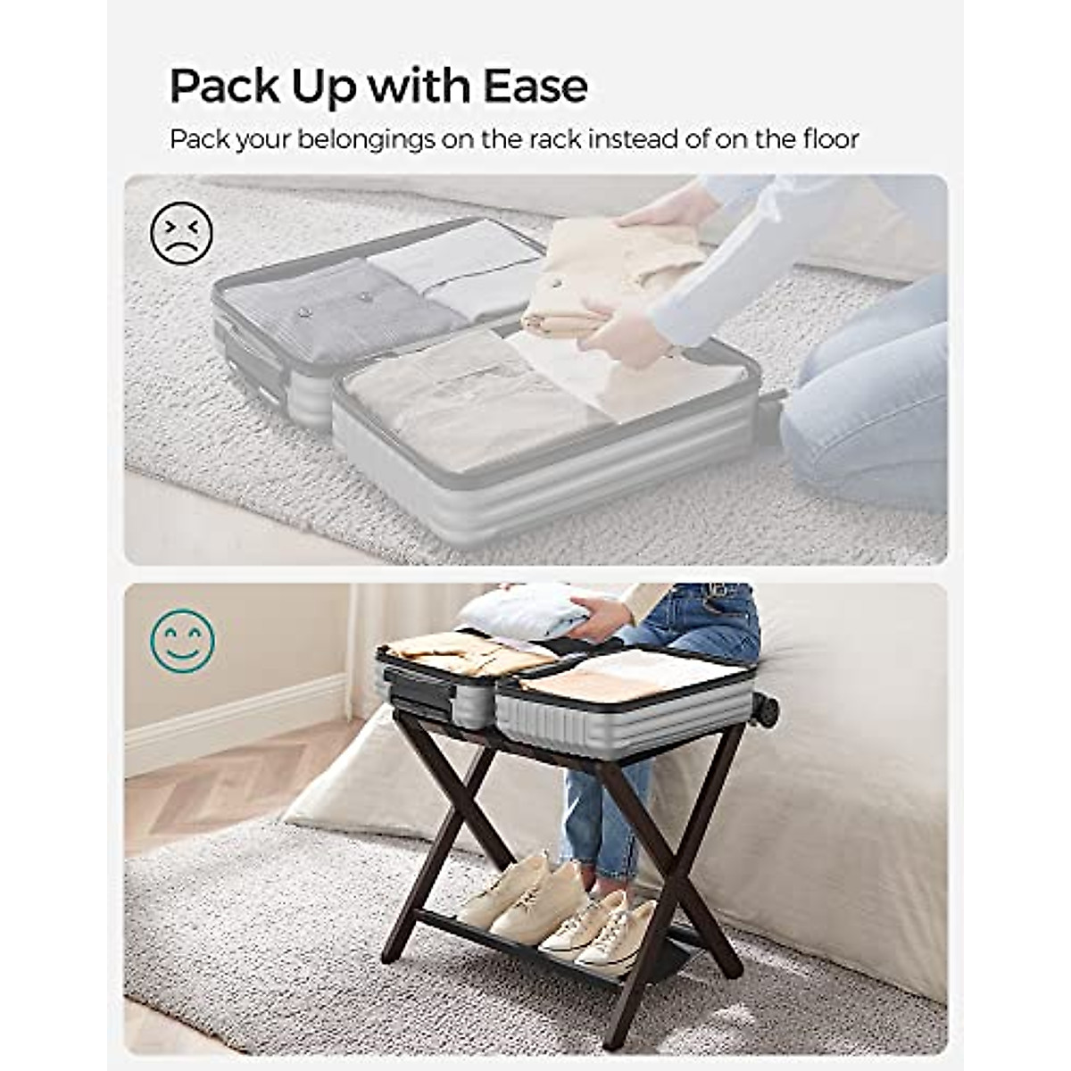 SONGMICS Luggage Rack, Folding Suitcase Stand with Storage Shelf, for Guest Room, Hotel, Bedroom, Heavy-Duty, Holds up to 131 lb, Chestnut Brown URLR007R01