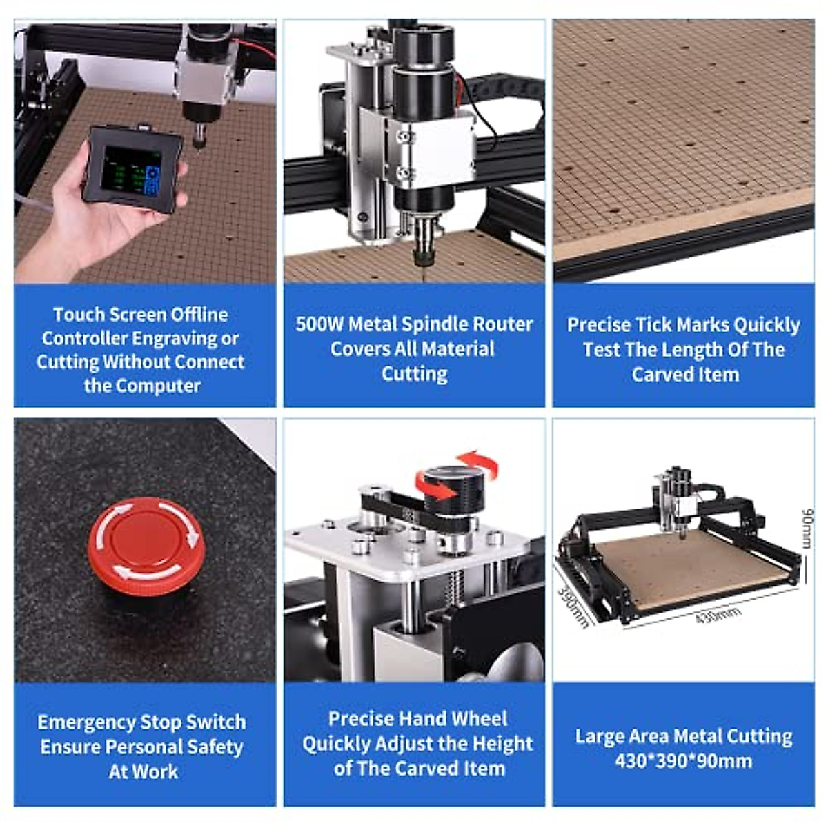 500W CNC Router Machine, 4540 CNC Router Machine with 500W Spindle 3-Axis Desktop CNC Machine for Woodworking Metal Acrylic MDF Nylon Carving Cutting Engraving Mill（Working Area430x390x22mm）