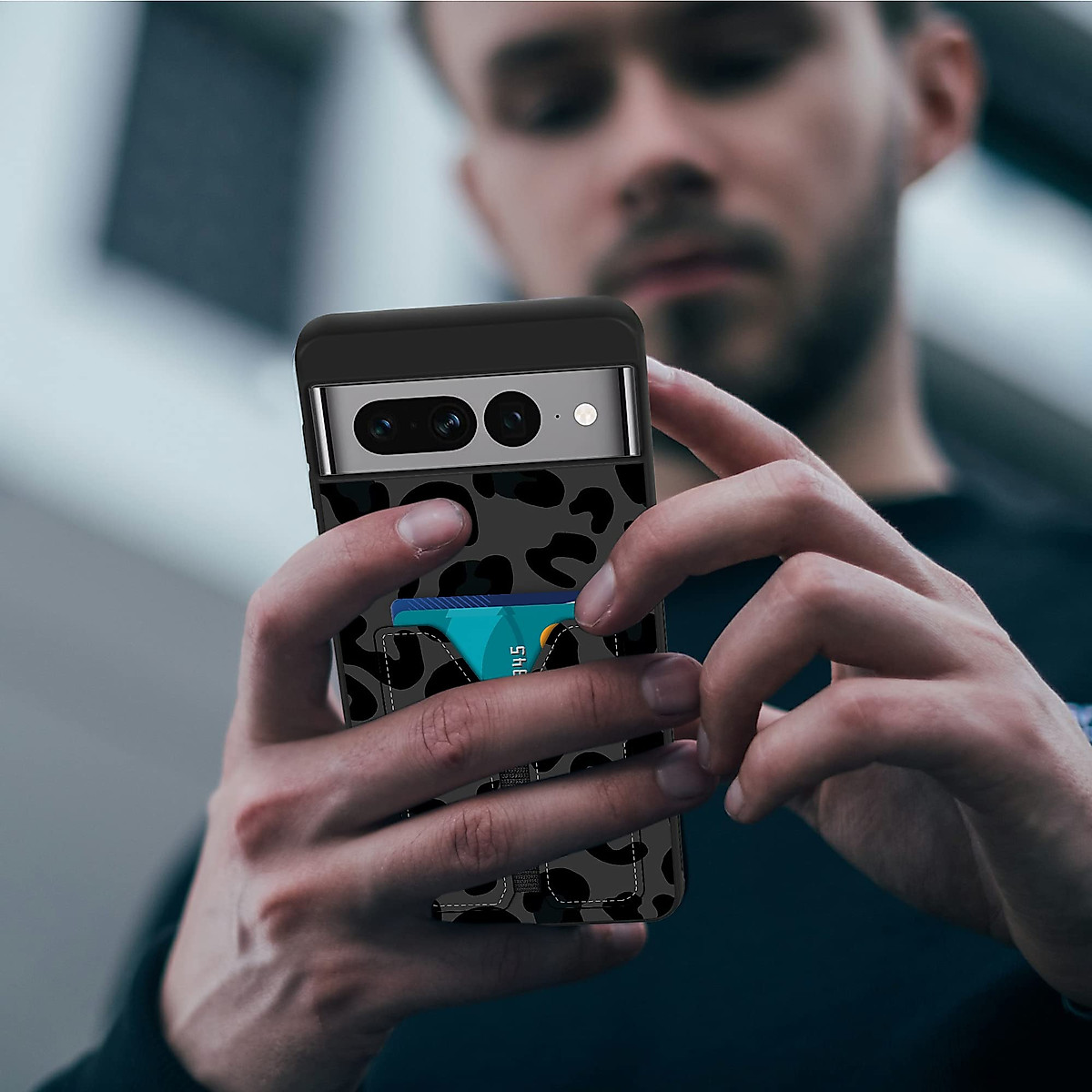 RYUITHDJP for Google Pixel 7 Pro Case Wallet Leather with Black Leopard Design Theme Phone Case for Google Pixel 7 Pro Case with Credit Card Slot Holder Shockproof Protectve Leather Case