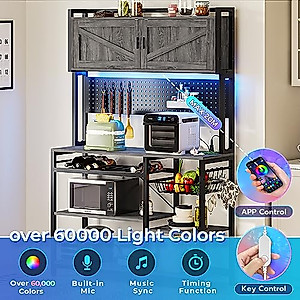 Itaar Bakers Rack with Power Outlet and Led Lights, Coffee Bar Cabinet, Microwave Stand with Wine Rack, Wire Basket, Pegboard and 8 Hoos for Kitchens with Storage, 35.4”, Grey