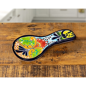 Enchanted Talavera Hand Painted Ceramic Spoon Rest Kitchen Counter top Utensil Holder For Spoons Spanish Mexican Decorations (Multi)