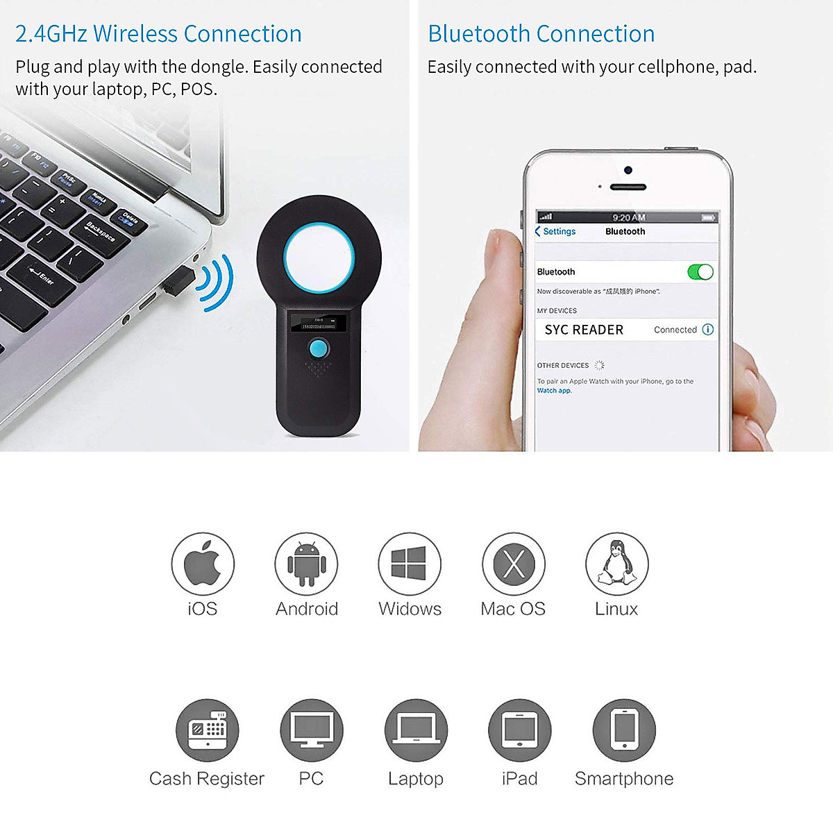 Bluetooth Animal Microchip Tag Reader Scanner, Symcode Wireless RFID EMID Animal Handheld Reader Pet ID Scanner Rechargeable Animal Chip Scanner Pet Tag Scanner FDX-B(ISO 11784/11785) ID64 RFID