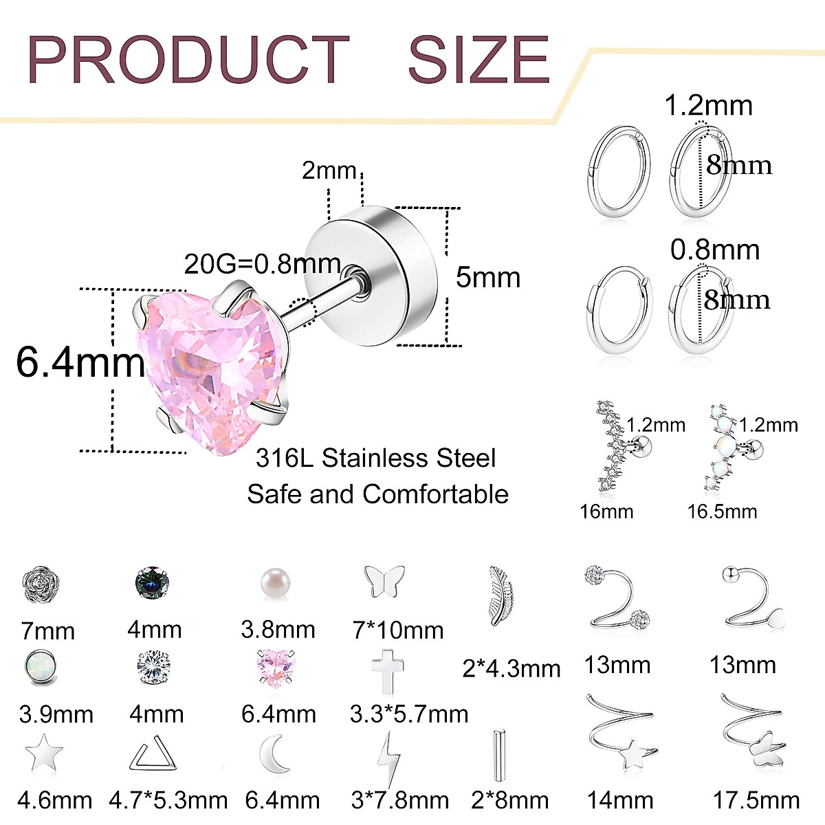 Stainless Steel Earrings,Staligue 19 Pairs Flat Back Earrings and Cartilage Hoop Earrings for Women Hypoallergenic Flat Back Stud Earrings Heart Opal Star Moon 20g Tiny Screw Back Cartilage Earring