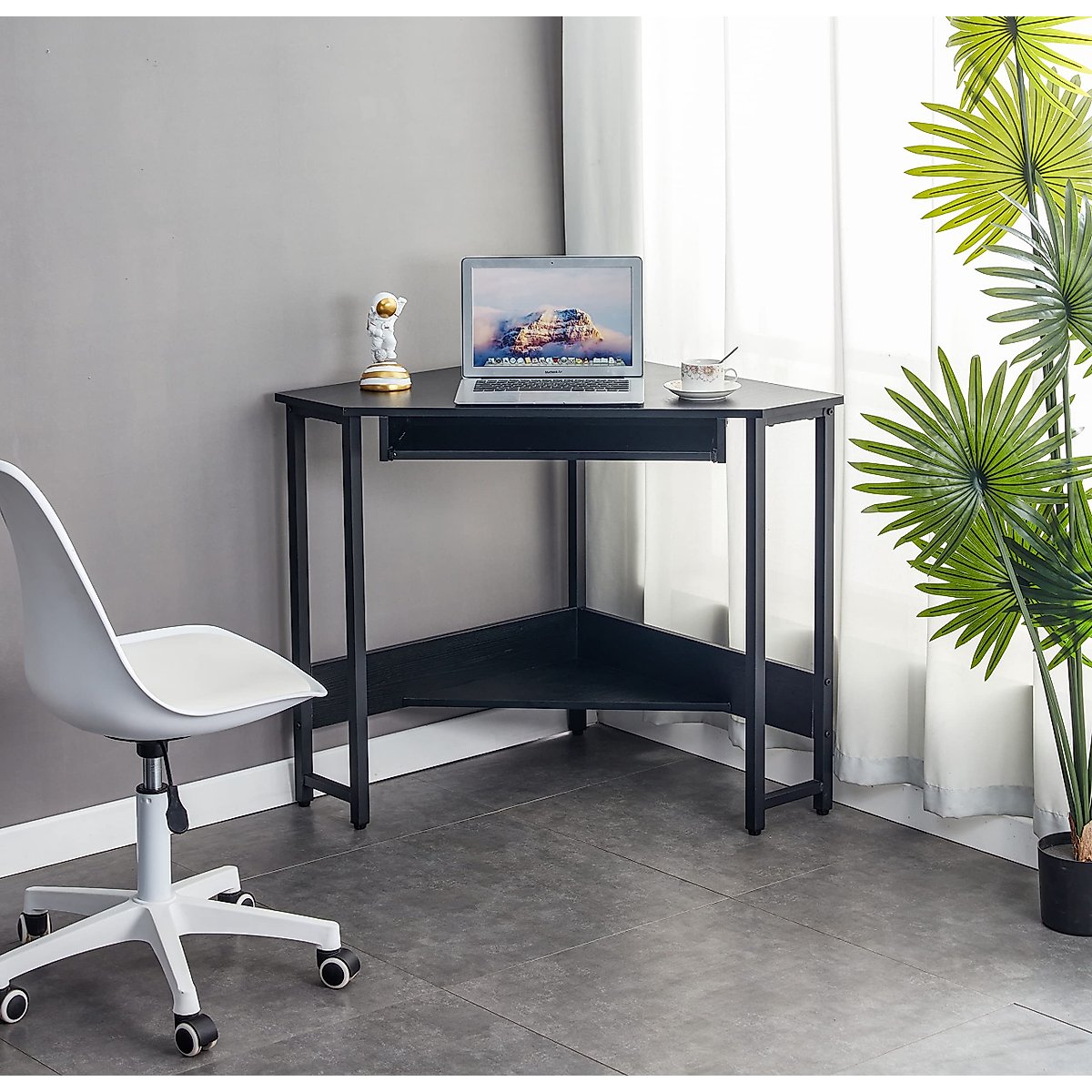 LKKRO Triangle Computer Desk,Corner Desk with Smooth Keyboard Tray& Storage Shelves,Compact Home Office,Small Desk with Sturdy Steel Frame As Workstation for Small Space,Black,28.34''L 24''W 30.11''H