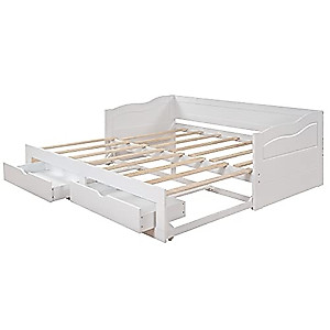 RUNWON Wooden Daybed with Trundle Bed and Two Storage Drawers, Extendable Bed Daybed,Sofa Bed with Two Drawers, White, King (Pull-Out Bunk Bed)