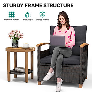 YITAHOME Wooden Armrest 3-Piece Patio Bistro Set, Wicker Bistro Set with Soft Cushions Comfort for Backyard, Balcony and Deck, Wooden Armrest and Side Table, Brown+Charcoal Gray