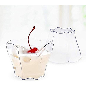 QXcom 60 Pieces 3 Oz 90ml Clear Plastic Ice Cream Petal Dessert Bowls Disposable Flower Shape Dessert Cake Snack Bowl Cups Sundae Dessert Bowls Salad Appetizer Serving Bowl Party Favor Wedding Bowl