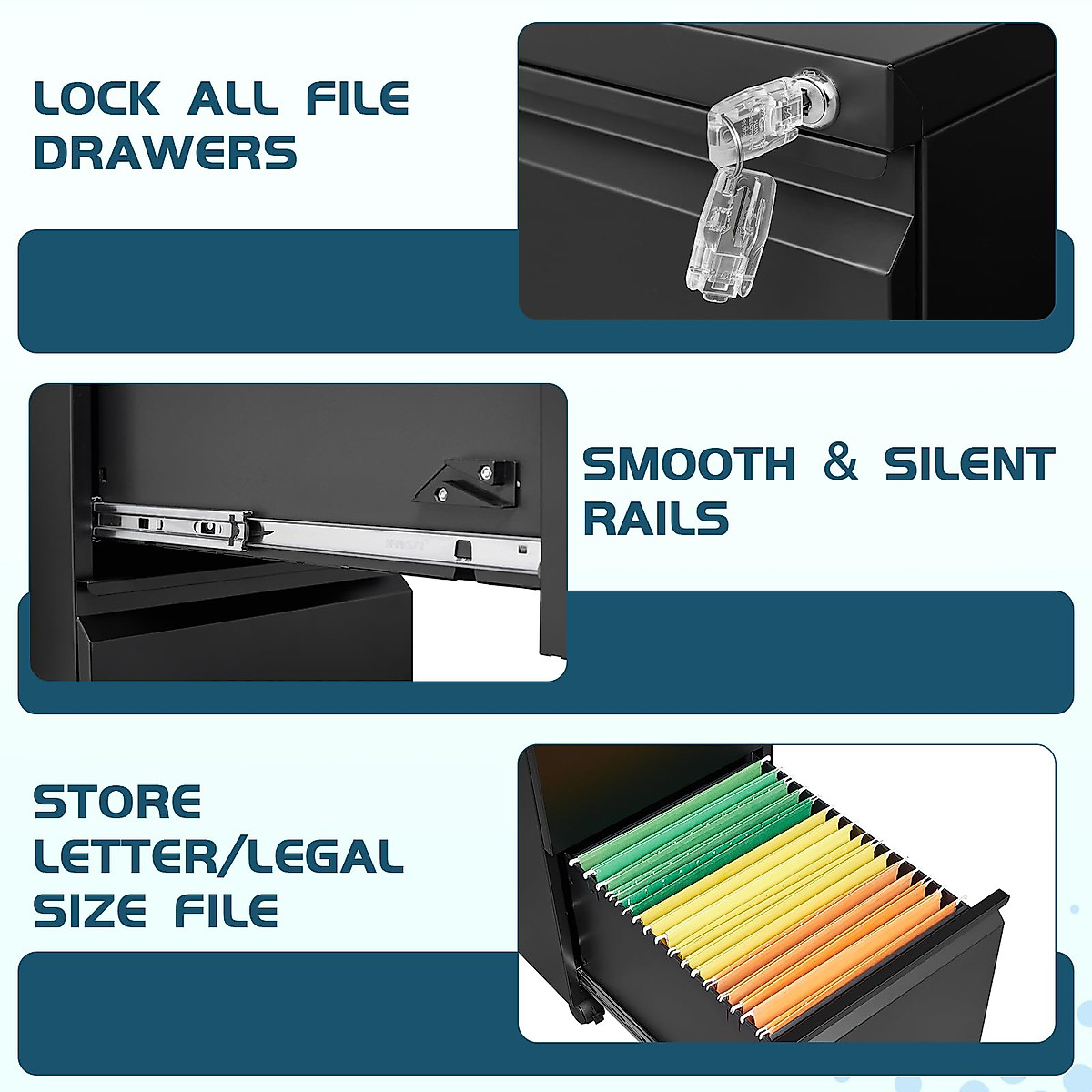 MIIIKO 2 Drawer File Cabinet on Wheels, Home Office Mobile Under Desk with Lock, Vertical Files Drawers for Legal/Letter/A4