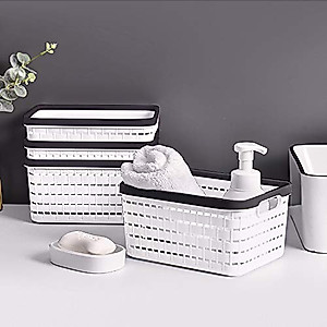 ESPEN 5Pack Plastic Storage Basket White, Desktop Weave Baskets with Handle, Portable Bathroom Open Storage Bin, Small Plastic Containers Shelf Brackets for Shelves Countertop Kitchen Cabinet Office