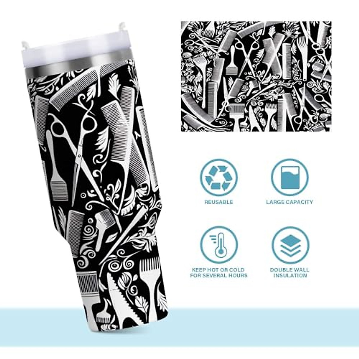 RPLIFE Hairdressing Tools Black 40oz Tumbler with Handle, Stainless Steel Coffee Tumbler, Insulated Water Bottle with Straw