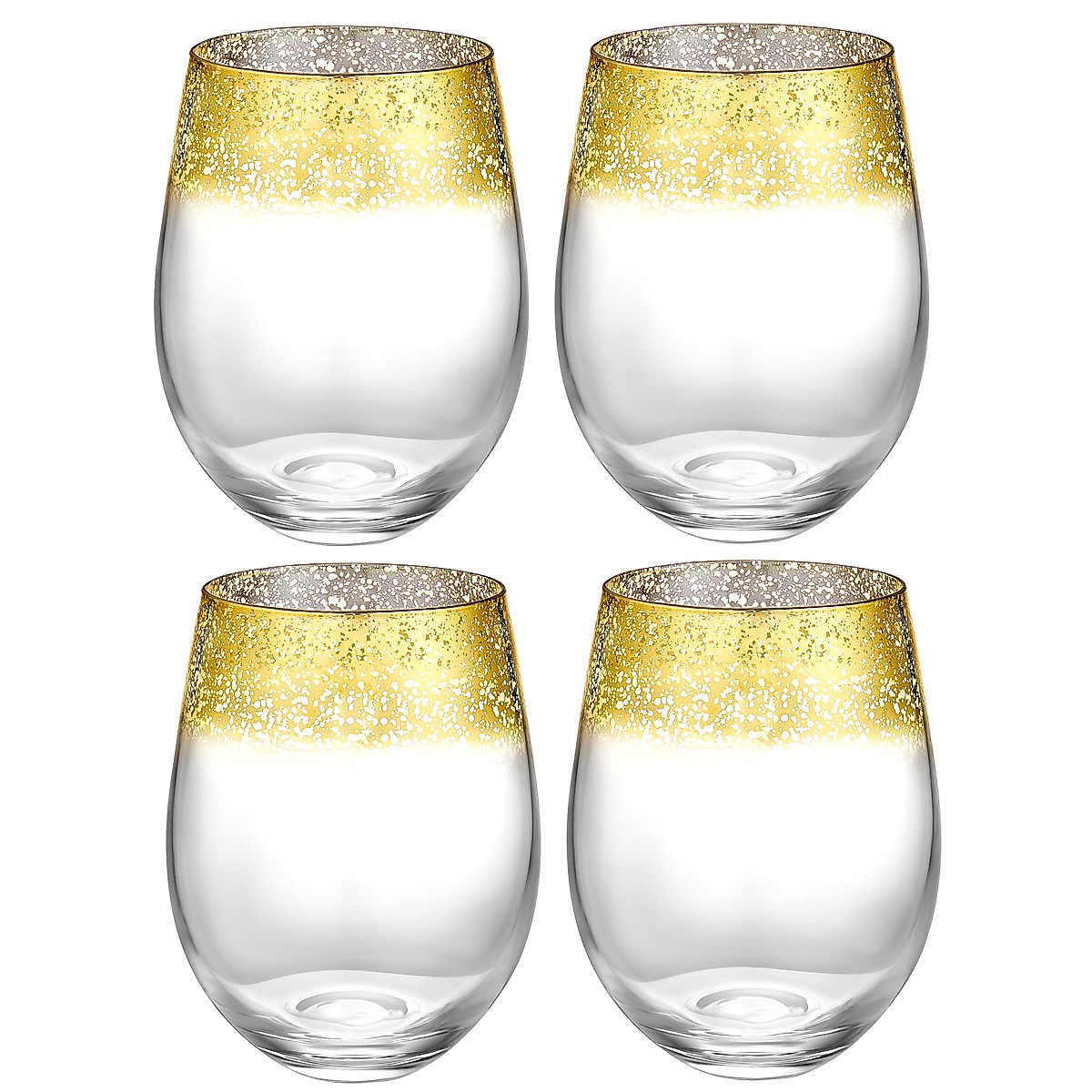 Kitchen Lux 18 oz Gold Rimmed Wine Glass - Unique Stemless Wine Glasses Set of 4 - Accented Rim - Large Gold Drinking Glass Cocktail Tumblers - Deluxe Glassware Gift Box for Christmas, Dishwasher Safe