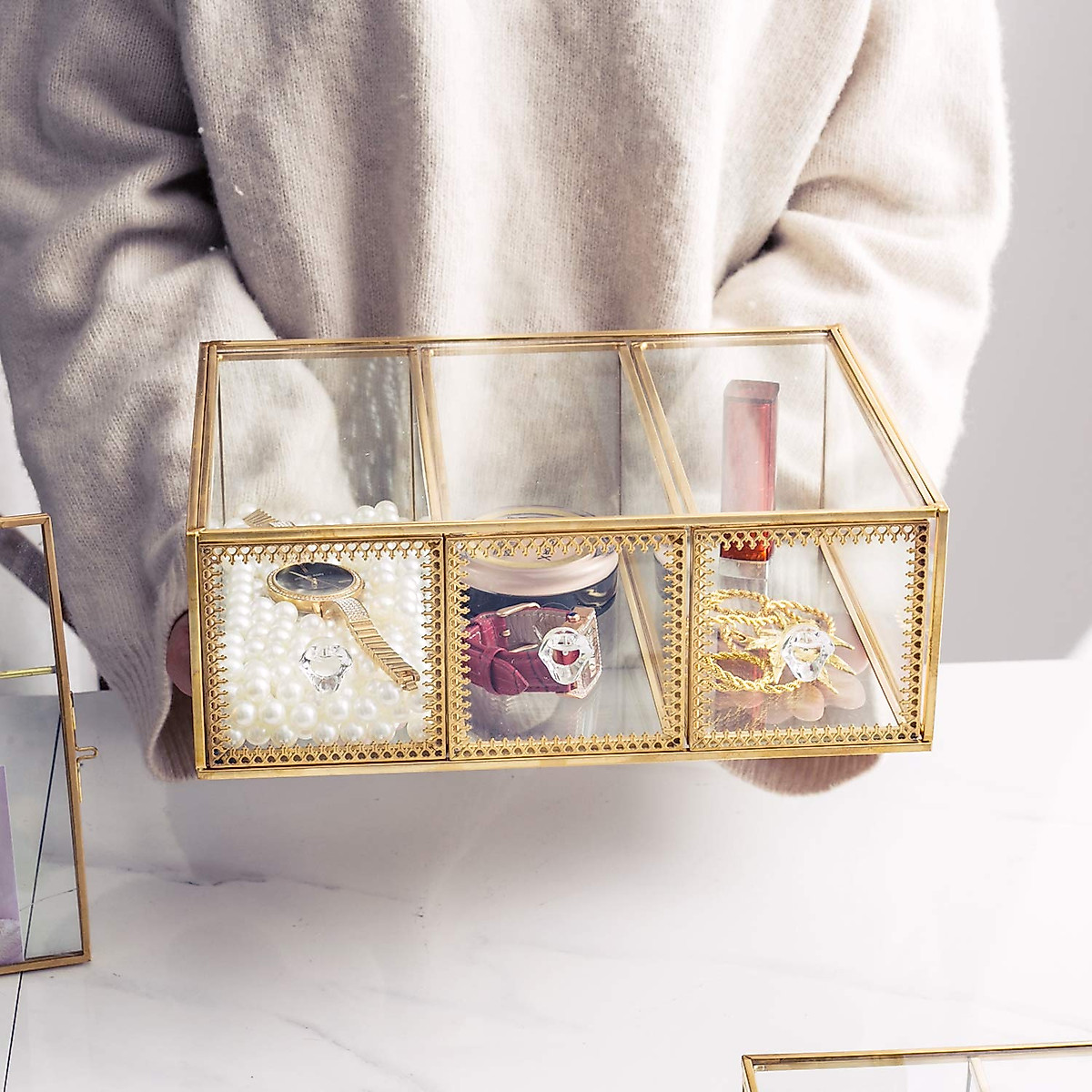 Antique Beauty Display Jewelry Case Holder Clear Glass 3 Drawers Palette Organizer, Cosmetic Storage, Makeup Container 3 Cube Holder/Beauty Dresser Vanity Cabinet Decorative Keepsake Box