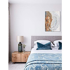 B BLINGBLING Gold Buddha Canvas Wall Art: 3D Mandala Flower Blossom Buddha Painting with Gold Foil Reproduction Print on Blue Canvas Wrapped and Ready for Hang 24"x32"