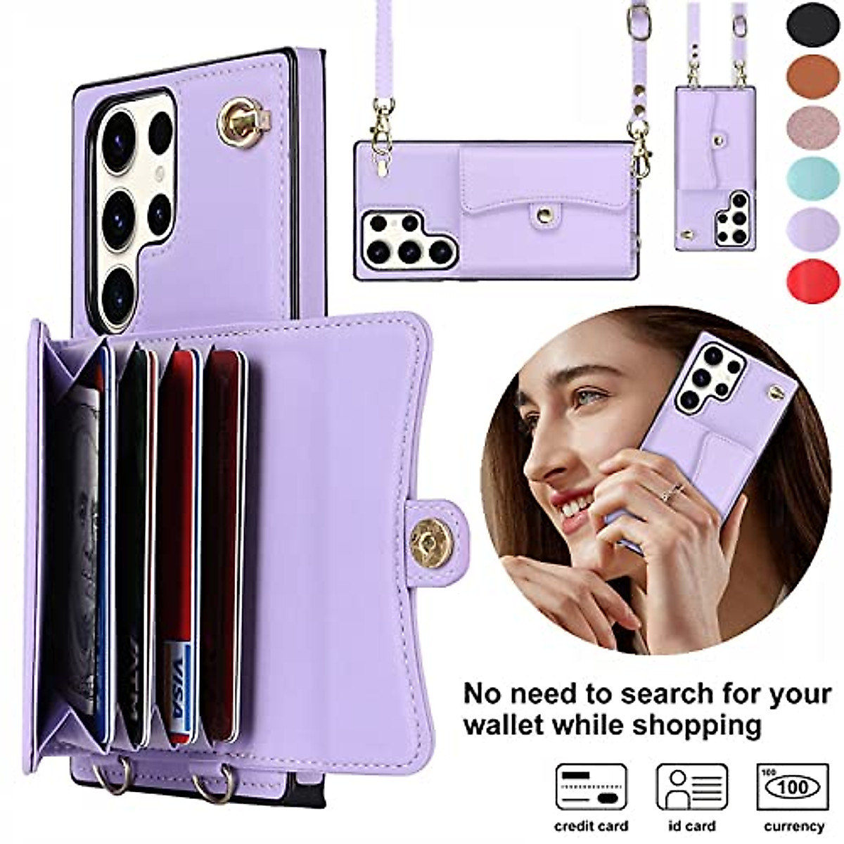 DRXVE Shoulder Strap Leather Phone Case for Samsung Galaxy A73 A53 A13 A72 A52S A52 A12 A51 A71 A70 Note 20 10 9 Wallet Card Cover Bag,Pink, for Samsung Note20 Ultra