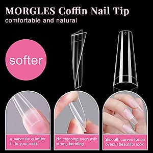 Clear Coffin Nail Tips Set, MORGLES 500pcs Long Nail Tips for Acrylic Nails Professional Half Cover Ballerina French Nail Tips Fake Nails Kit with Nail Glue, Clipper, Files, Cuticle Pusher and Fork