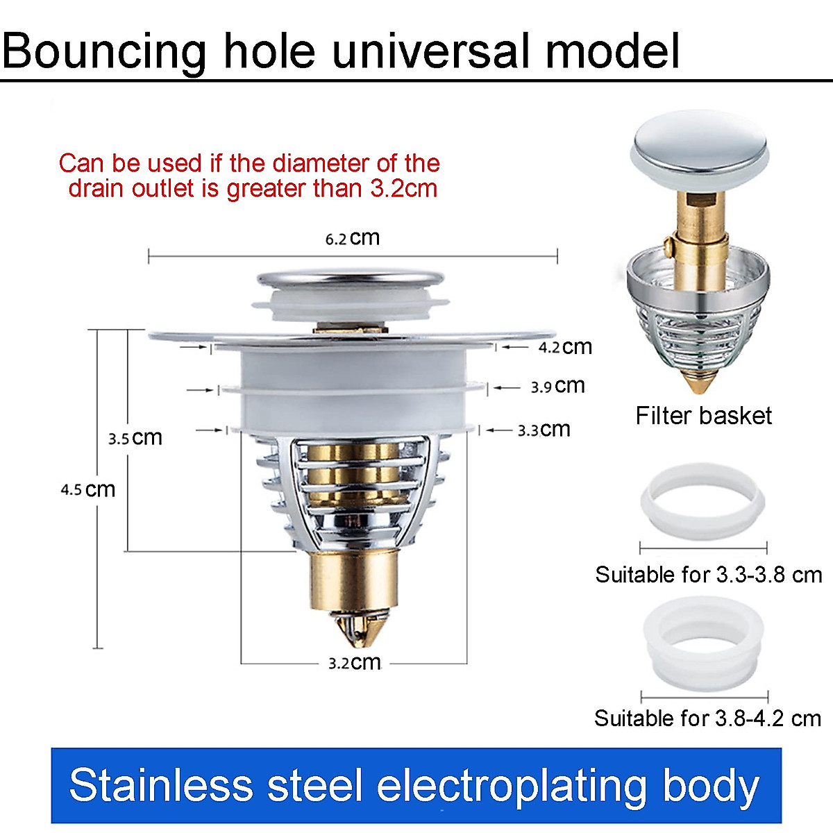 iJiGui Bathroom Sink Plug, Universal Pop up Bathroom Sink Plug, Sink Drain Plug Suitable for Bathtub, Kitchen, Wash Basin(for 32-42mm Drain Hole)