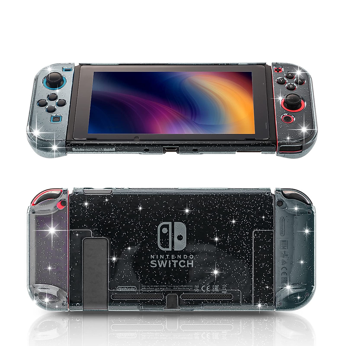 Switch Glitter Case, Switch Protective Case with Tempered Glass Screen Protector and Thumb Grip Caps - Black