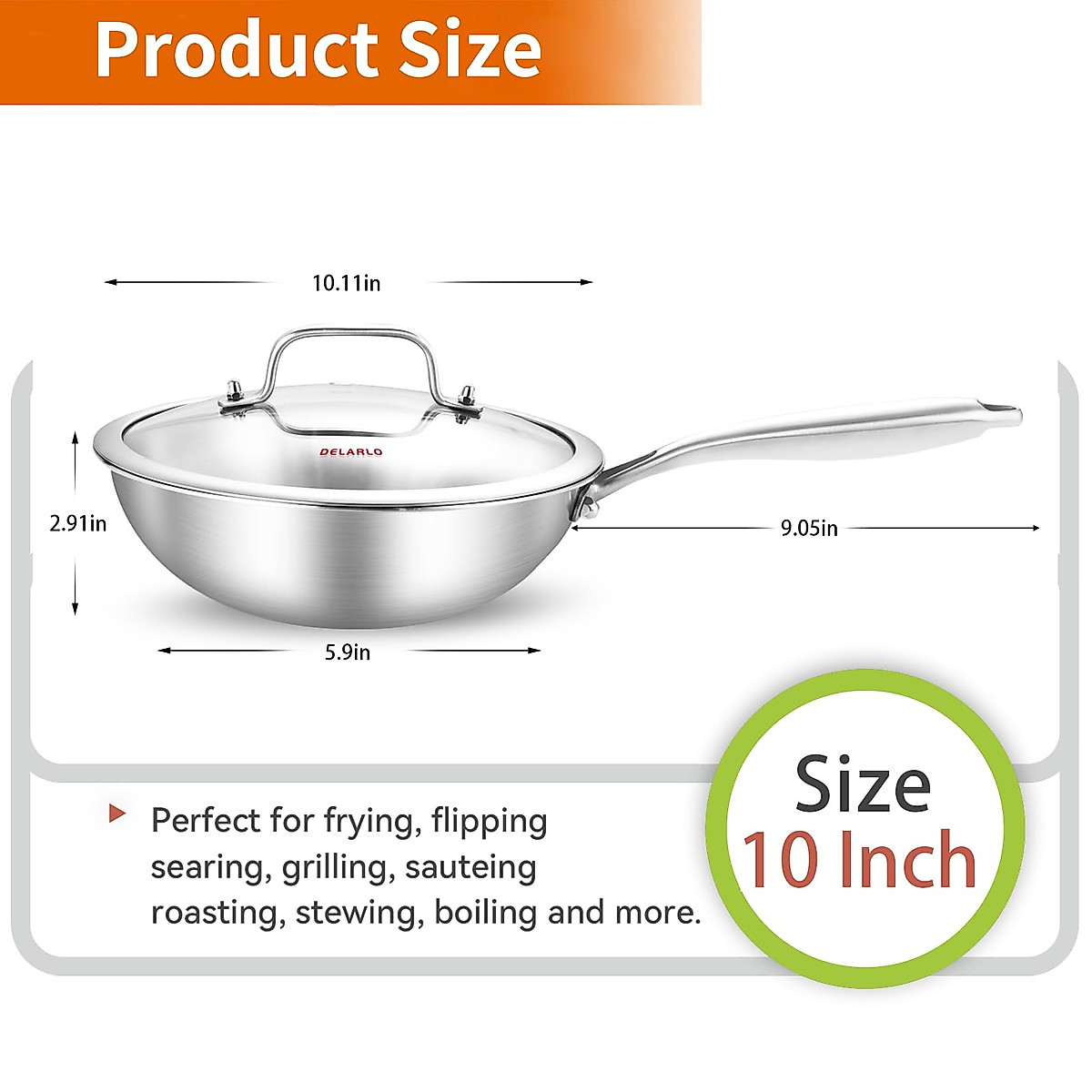 DELARLO Whole Body Tri-Ply Stainless Steel Pan 10 inch, 5 Ply Stainless Steel Woks & Stir-Fry Pans, Deep Kitchen Wok Pan with Lids, Induction Mini wok 10", Suitable for All Stove, Up to 650℉