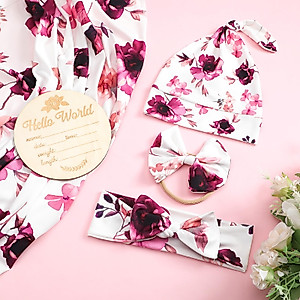 Toulite 5 Pcs Newborn Swaddle Set Girl Floral with Matching Muslin Baby Swaddle Blanket, Hat Hairband and Headband Bow, Wooden Birth Announcement Card for Boys Girls Infants Shower Gift