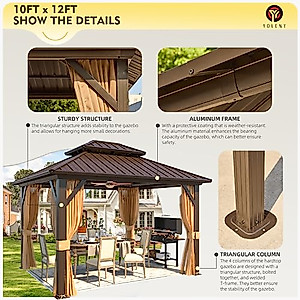 YOLENY 10' x 12' Gazebo, Hardtop Gazebo with Aluminum Frame, Double Galvanized Steel Roof, Curtains and Netting Included, Metal Gazebos Pergolas for Patios, Garden, Lawns, Parties