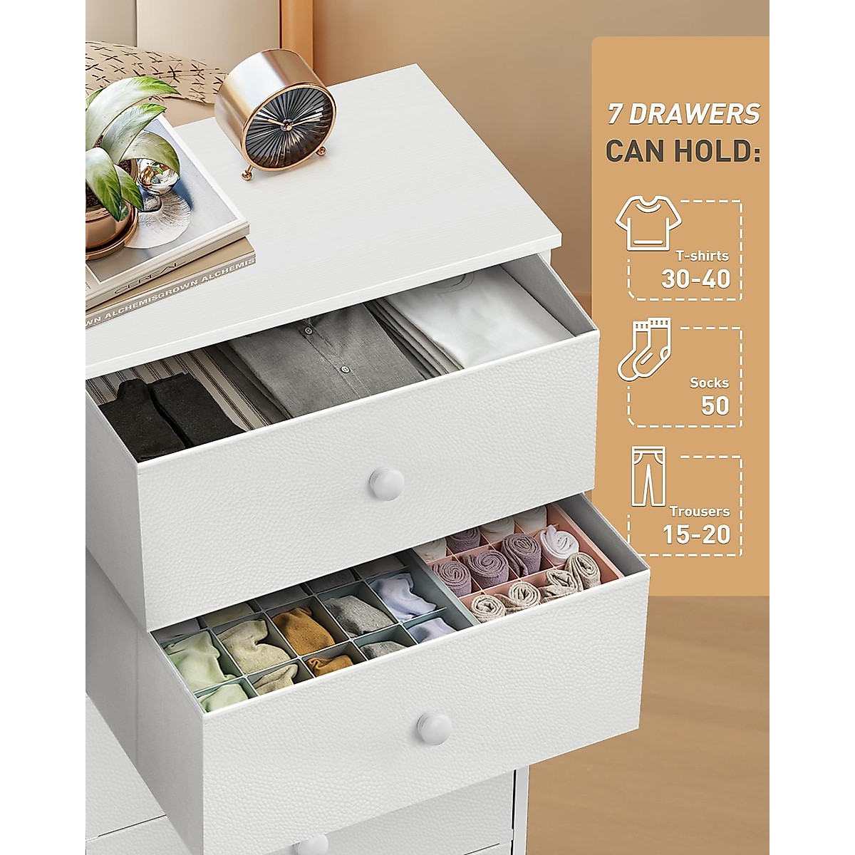 Tall Fabric Dresser for Bedroom, Vertical Storage Organizer Tower with 7 Drawers, Chest of Drawers with Bins, Steel Frame, Wood Top for Bedroom, Closet, Entryway White