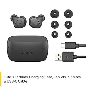 Jabra Elite 3 in Ear Wireless Bluetooth Earbuds – Noise Isolating True Wireless Buds with 4 Built-in Microphones for Clear Calls, Rich Bass, Customizable Sound, and Mono Mode - Dark Grey