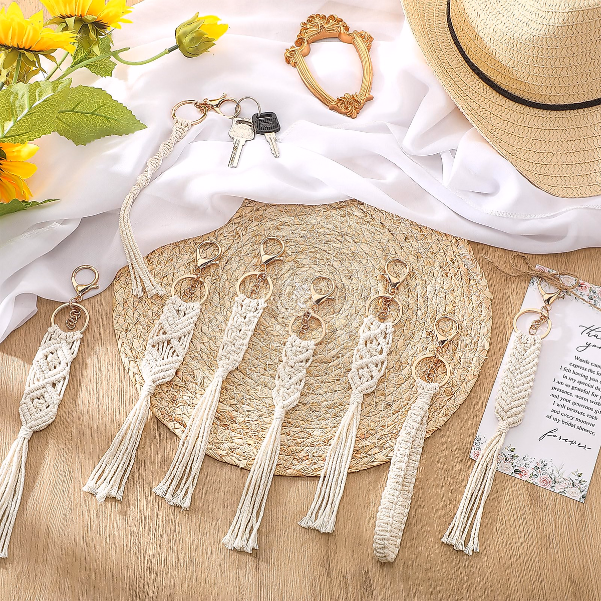 Ecation 24 Sets Bridal Shower Favors for Guests 24 Macrame Keychains Boho Keychain 24 Thank You Cards with Hemp Rope Goodie Bags Tassels Charm for Wedding Favors