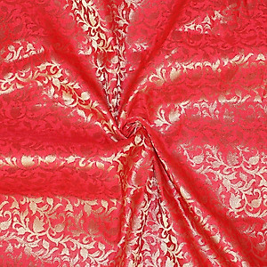 Red Brocade Art Silk Fabric Wedding Lehenga Skirt Solid Pattern Fabric for Sewing Crafting Home Decor by The Yard
