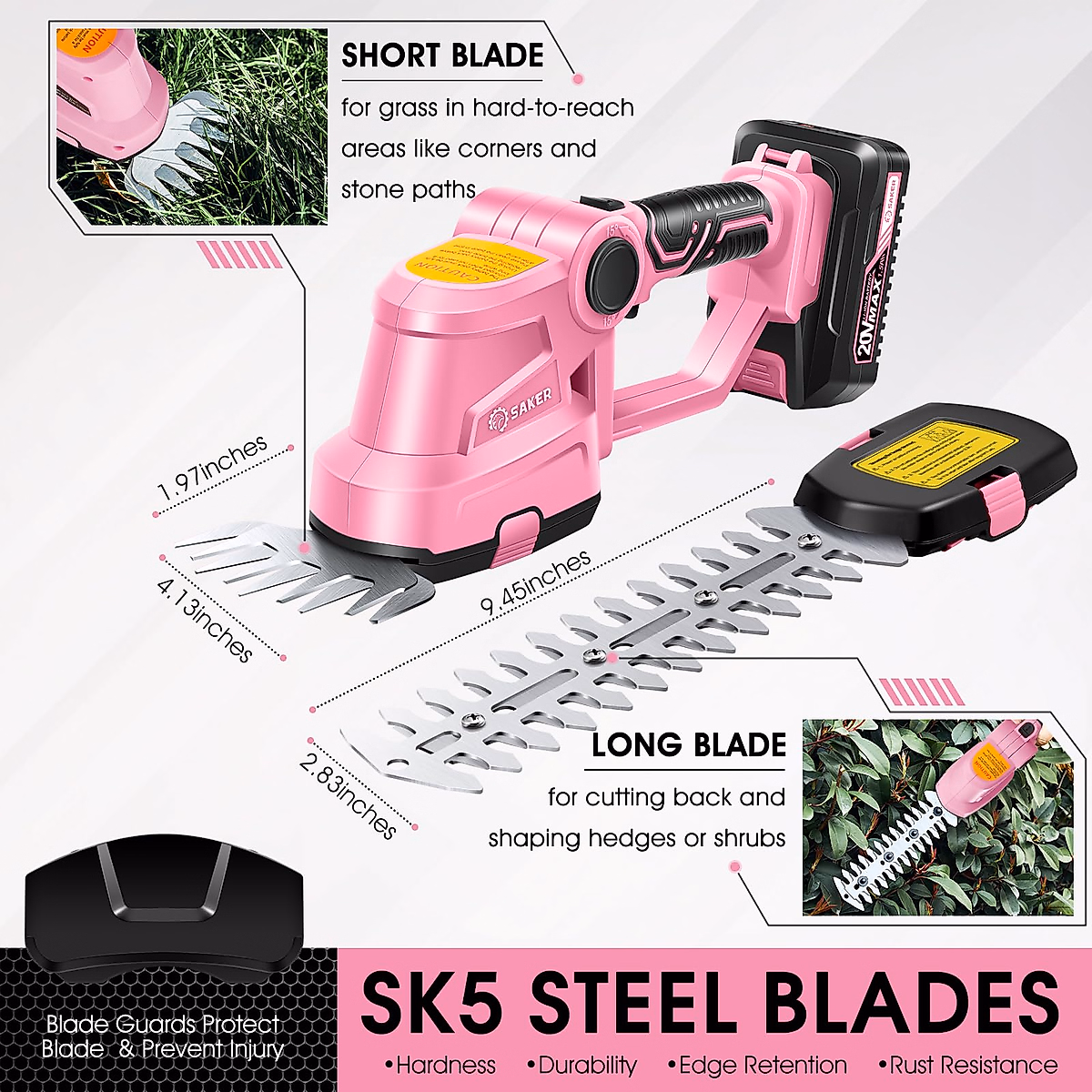 Saker Cordless Hedge Trimmer-20V Electric Shrub Trimmer Grass Shears Handheld Grass Cutter, Hedge Shear with 2 PCS Rechargeable Battery and Charger for Garden, Lawn(Pink)