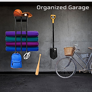 Bagulet Camping Chair Wall Storage for Garage, Metal Rack Organizer with Floating Shelf and 4 Utility Hooks, Stainless Steel Mount Holder System for Umbrella Yoga Mat Folding Beach Seats, Black