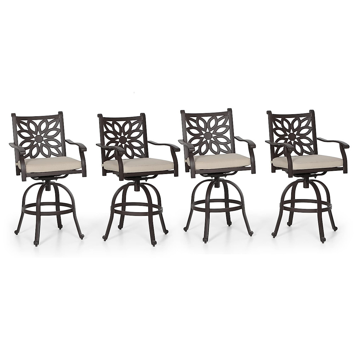 PHI VILLA Outdoor Swivel Bar Stools, Cast Aluminum Patio Pub Height Swivel Arms Chairs with Seat Cushion, Set of 4 Easy Assemble