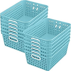 Really Good Stuff 160016WA Multi-Purpose Plastic Storage Baskets for Classroom or Home Use - Stackable Mesh Plastic Baskets with Grip Handles 13" x 10" (Water - Set of 12)