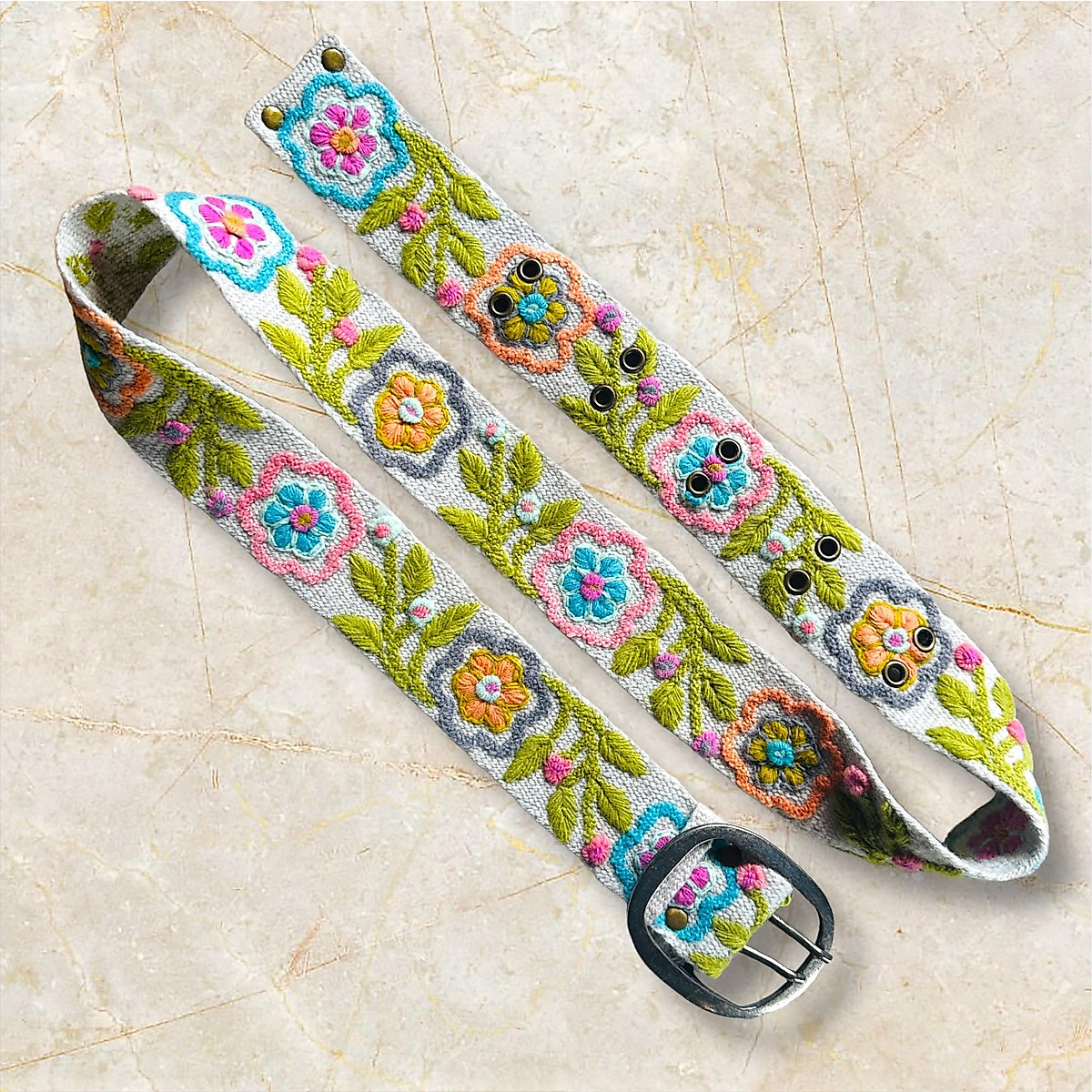 Kuyay Peruvian Designs Blossom Delight Embroidered Wool Belt, Flower Design, (Medium 41")