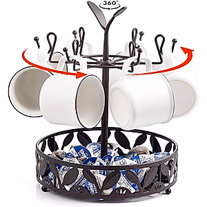 ALLCENER Mug Tree Countertop, Rotatable Mug Holder Stand, Coffee Pod Holder with Mug Rack, Coffee Mug Rack with 6 Hooks for Coffee Bar Counter Cabinets and Kitchen Organizer