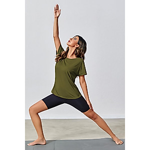 MIRACMODA Women's Open Back Athlete Loose Fitting Workout Casual Yoga T-Shirt Summer Gym Tee Army Green