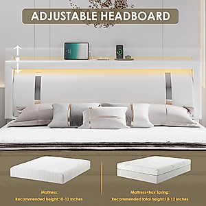 Keyluv King Size Bed Frame with RGB LED Lights & 2 Storage Drawers, Modern Upholstered Platform Bed with Iron Metal Decor, USB Charging Ports, White