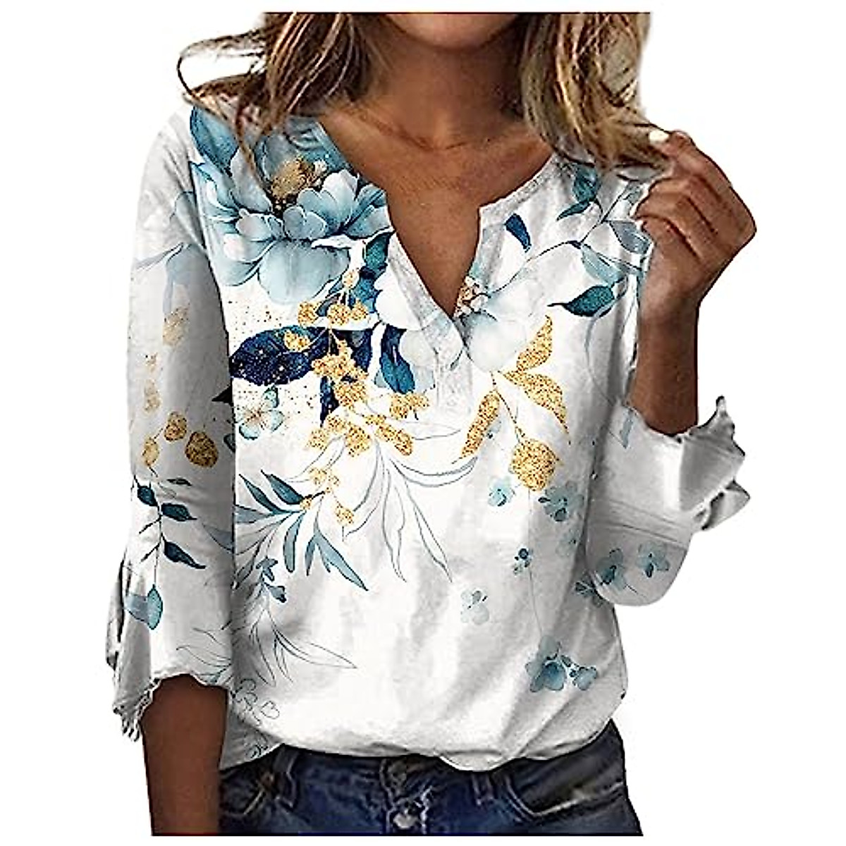 Western Tank Tops for Women 3/4 Length Sleeve T Shirts for Women 2023 Ladies Trendy Summer Tops Boho Floral Printed Tunic Blouses Loose Comfy Tees White M