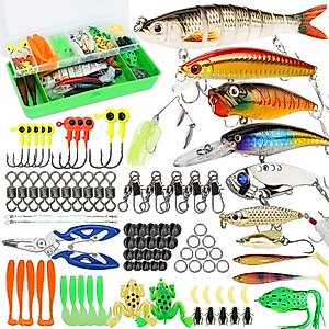 Fishing Lures Tackle Box Bass Fishing Kit Including Animated Lure,Crankbaits,Spinnerbaits,Soft Plastic Worms, Topwater Lures,Hooks,Saltwater & Freshwater Fishing Gear for Bass,Trout, Salmon.