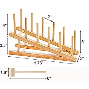 Yesland 3 Packs Wooden Dish Rack, Bamboo Plate Bottle Drying Rack with Wooden Mallet Plate Rack for Water Bottles, Cups, Pan Lids, Dinner Plates - Brown